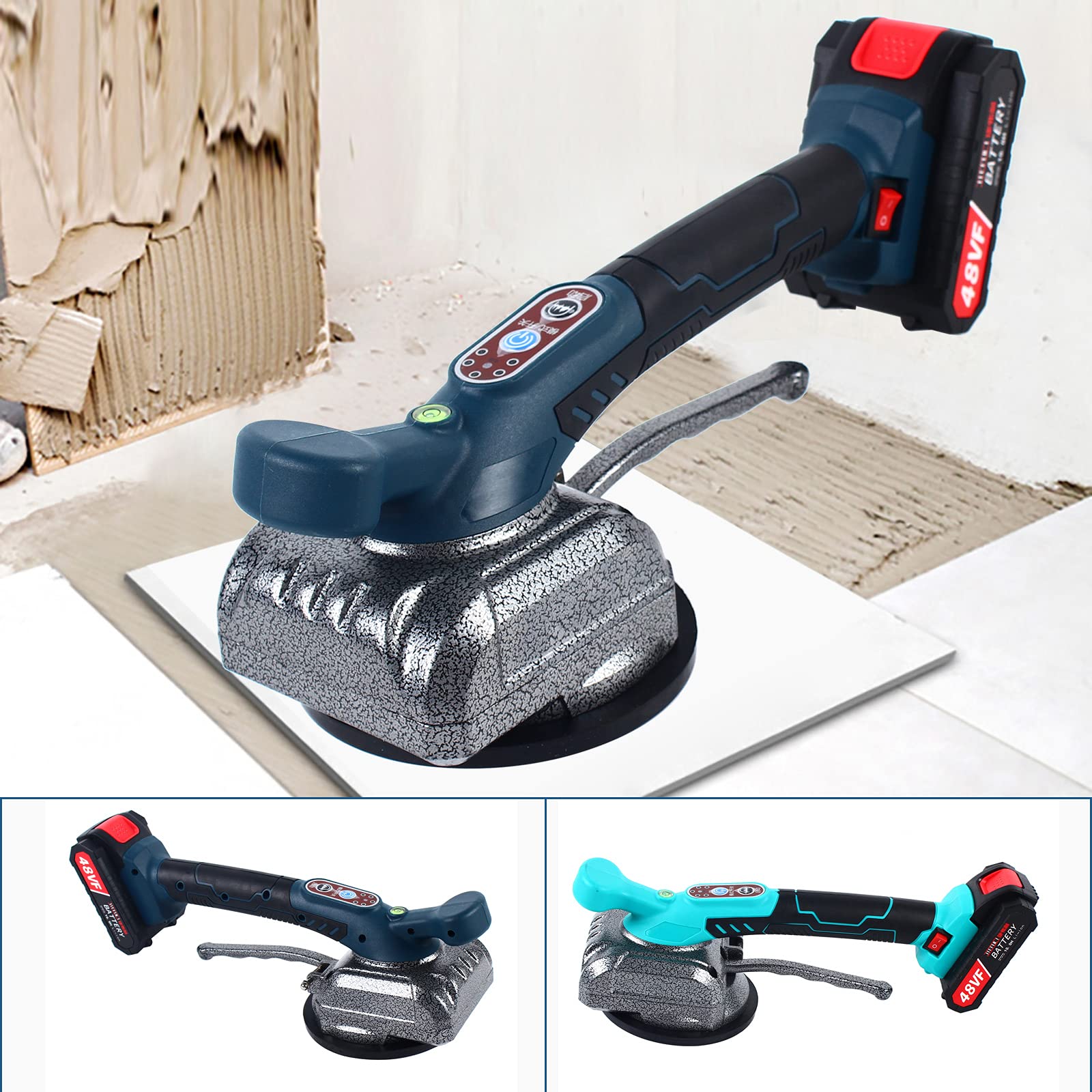 Hand-held Tile Tiling Machine 48VDC Tile Tiler Automatic Portable Tile Leveling Machine Vibrator Suction Cup Floor Plasterer Leveling Tool Fit for 100KG 120x120cm (A, 2 x Battery + 1 x Charger)