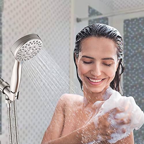 High Pressure Handheld Shower Head, 3.5 inch Face 5-Setting Handheld Shower Head Set with 79-inch Stainless Steel Shower Hose, Adjustable Shower Arm Mount Bracket, Tool-free Install/Brushed Nickel