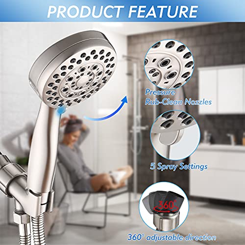 High Pressure Handheld Shower Head, 3.5 inch Face 5-Setting Handheld Shower Head Set with 79-inch Stainless Steel Shower Hose, Adjustable Shower Arm Mount Bracket, Tool-free Install/Brushed Nickel