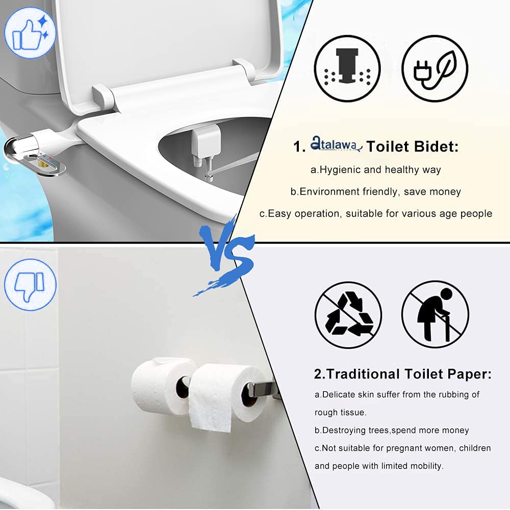 Atalawa Bidet Toilet Seat Attachment Ultra Slim Bidet With Self Cleaning Dual Nozzle Adjustable Water Non Electric Bidet Fresh Water Spray for Sanitary and Feminine Wash