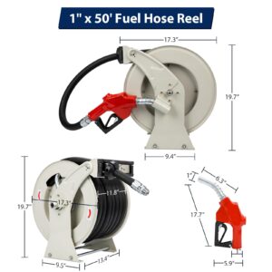 Diesel Fuel Hose Reel Retractable 1" x 50' Spring Driven Auto Swivel Rewind Industrial Heavy Duty Commercial Hose Holder Reel with Fueling Nozzle for Aircraft Ship Vehicle Tank Truck, 300 PSI