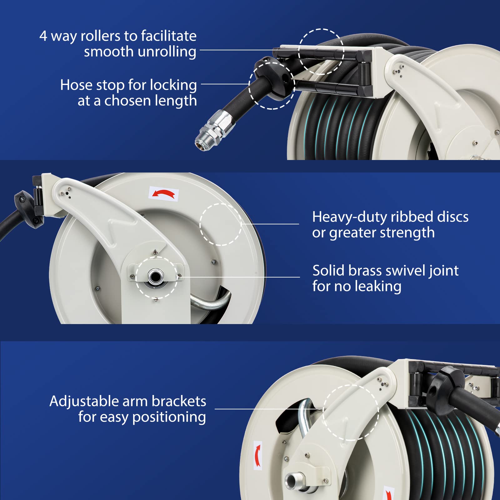 Diesel Fuel Hose Reel Retractable 1" x 50' Spring Driven Auto Swivel Rewind Industrial Heavy Duty Commercial Hose Holder Reel with Fueling Nozzle for Aircraft Ship Vehicle Tank Truck, 300 PSI