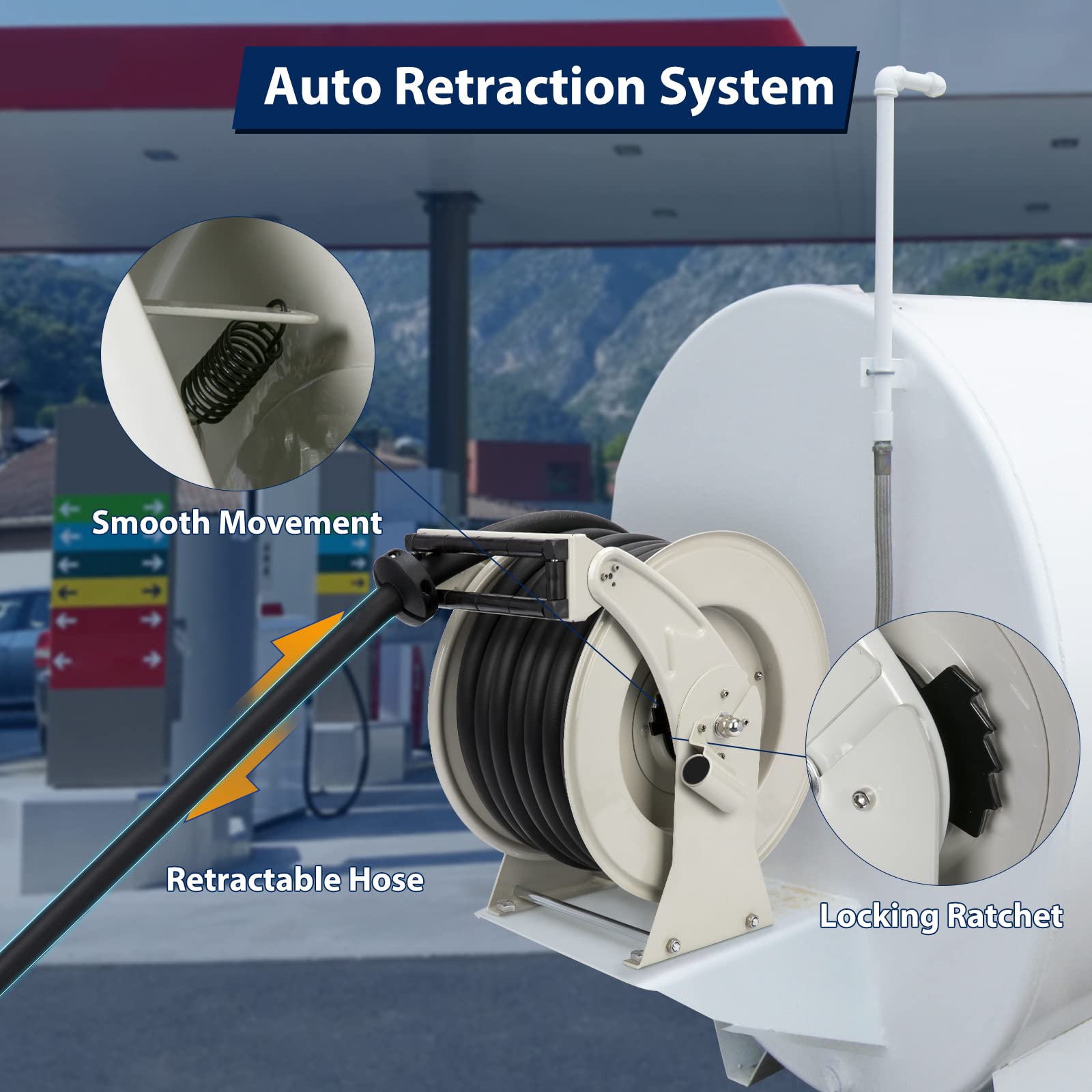 Diesel Fuel Hose Reel Retractable 1" x 50' Spring Driven Auto Swivel Rewind Industrial Heavy Duty Commercial Hose Holder Reel with Fueling Nozzle for Aircraft Ship Vehicle Tank Truck, 300 PSI