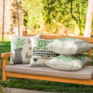 OTOSTAR Waterproof Outdoor Throw Pillow Covers Pack of 4 Spring Decorations for Home Pillow Covers 18x18 Inch Garden Pillowcase Leaf Cushion Case for Summer Holiday Couch Patio Decor (Eucalyptus E)