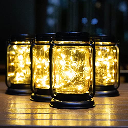 Solar Lanterns Fairy Lights, 4 Pack Solar Mason Jar Lights, Hanging Solar Lanterns Outdoor Waterproof, Glass Jar Starry Light with Stakes Gifts for Garden Patio Party Holiday (Warm White)