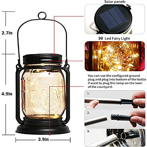 Solar Lanterns Fairy Lights, 4 Pack Solar Mason Jar Lights, Hanging Solar Lanterns Outdoor Waterproof, Glass Jar Starry Light with Stakes Gifts for Garden Patio Party Holiday (Warm White)