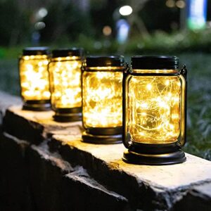 Solar Lanterns Fairy Lights, 4 Pack Solar Mason Jar Lights, Hanging Solar Lanterns Outdoor Waterproof, Glass Jar Starry Light with Stakes Gifts for Garden Patio Party Holiday (Warm White)