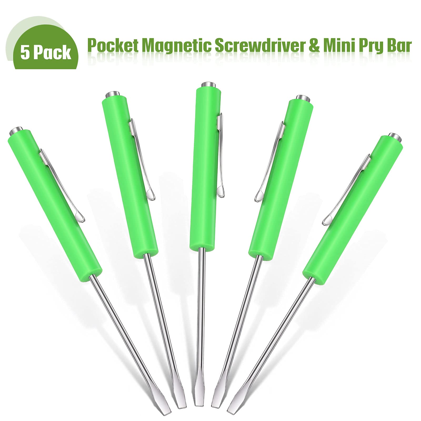 5 Pieces Magnetic Pocket Screwdriver Mini Pocket Screwdriver with Clip Small Slotted Head Screwdriver Tool Set for Home Office Gadgets Repair Tool Mechanics Electricians Technician (Green)