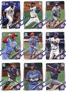 2021 topps complete (series 1 & 2) texas rangers team set of 18 cards: danny santana(#35), ronald guzman(#63), willie calhoun(#115), joey gallo(#131), anderson tejeda(#144), leody taveras(#264), texas rangers(#283), rougned odor(#293), jeff mathis(#348),