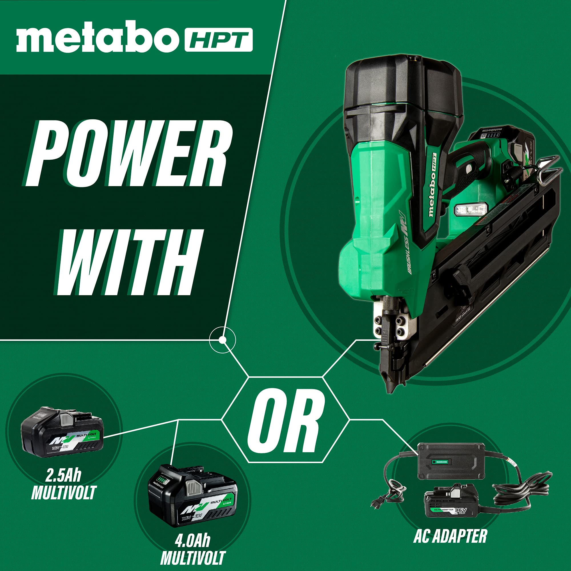 Metabo HPT 36V MultiVolt Cordless Paper Strip Framing Nailer | Includes Battery and Charger | NR3690DC