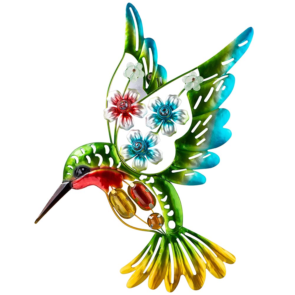 Fawgold Metal Hummingbird Wall Art Decor, 3D Design with Glass Bead Accessories, 16 Inch Fence Decorations Outdoor Hanging Decor for Patio Bedroom Living Room Garden Yard