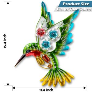 Fawgold Metal Hummingbird Wall Art Decor, 3D Design with Glass Bead Accessories, 16 Inch Fence Decorations Outdoor Hanging Decor for Patio Bedroom Living Room Garden Yard