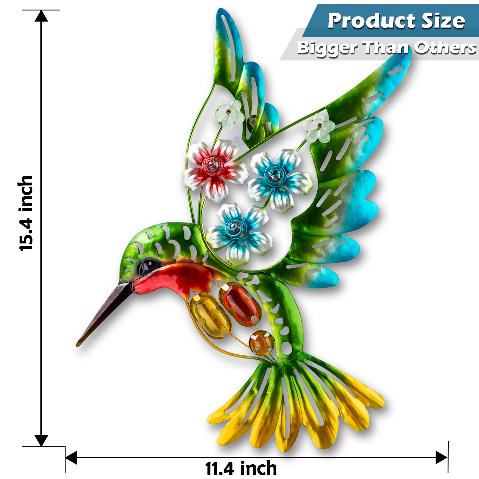 Fawgold Metal Hummingbird Wall Art Decor, 3D Design with Glass Bead Accessories, 16 Inch Fence Decorations Outdoor Hanging Decor for Patio Bedroom Living Room Garden Yard