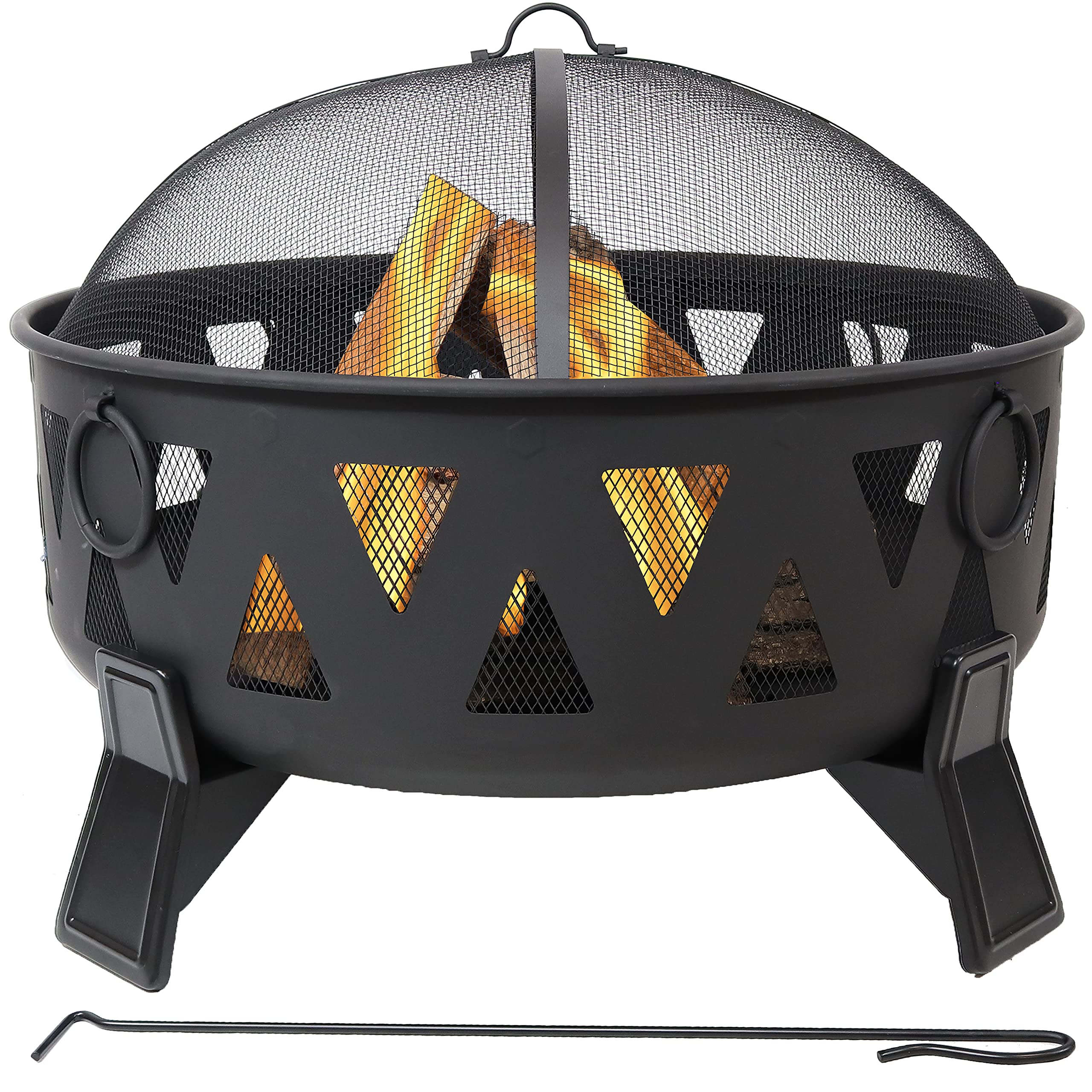 Sunnydaze 25-Inch Steel Wood-Burning Fire Pit with Mesh Stripe Cutouts - Includes Poker and Spark Screen