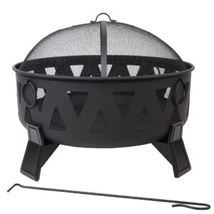 Sunnydaze 25-Inch Steel Wood-Burning Fire Pit with Mesh Stripe Cutouts - Includes Poker and Spark Screen