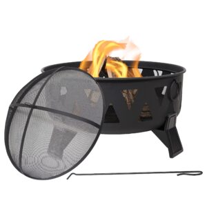 Sunnydaze 25-Inch Steel Wood-Burning Fire Pit with Mesh Stripe Cutouts - Includes Poker and Spark Screen