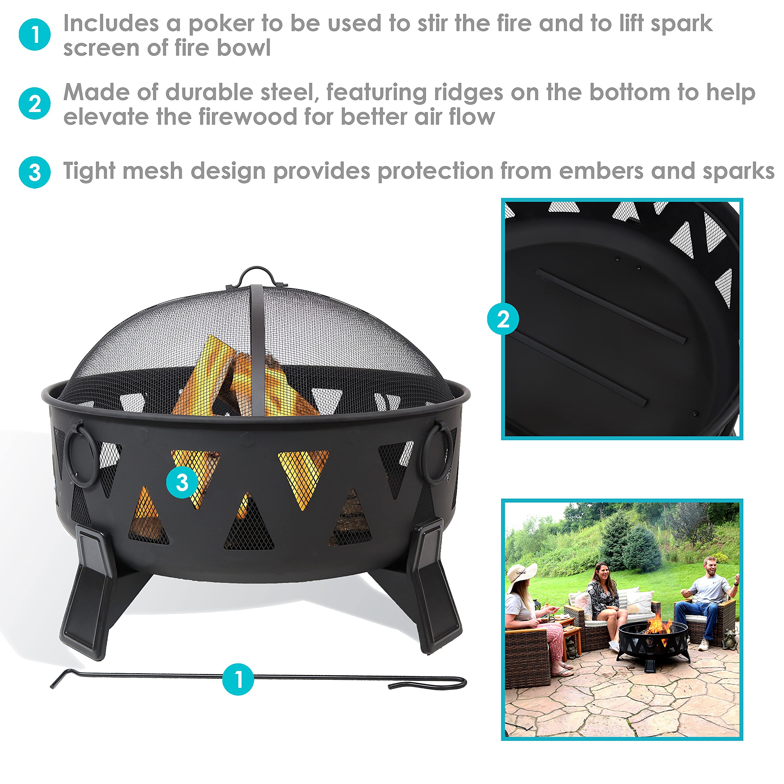 Sunnydaze 25-Inch Steel Wood-Burning Fire Pit with Mesh Stripe Cutouts - Includes Poker and Spark Screen