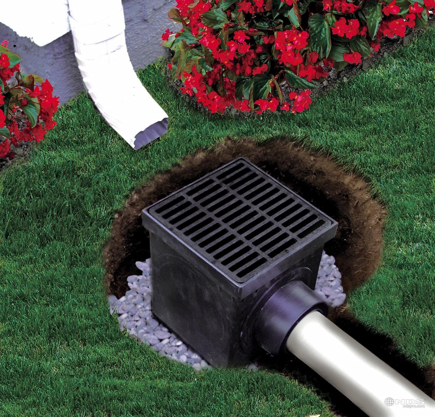 NDS 900BKITRTL1PK Square Kit with 2-Opening Catch Basin, 2 Adapters, 1 Outlet Plug, and 1 Plastic Drain Grate, 9-Inch, for Lawns, Landscaped Areas, Black