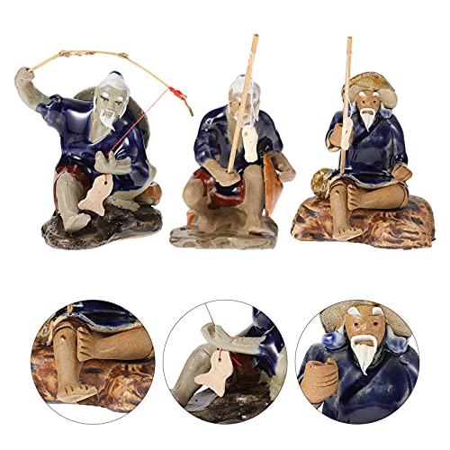 DOITOOL 3pcs Miniature Fisherman Statue Ceramic Chinese Mudman Fishing Garden Figurine Ornament for Fish Tank Bonsai Landscape Fairy Garden Decoration Style B