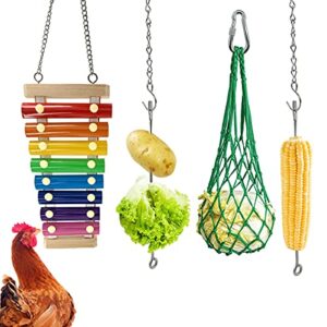 4pcs chicken coop toys-chicken xylophone toy chicken veggies fruit skewers lettuce string bag hanger chicken treats holder for hens roosters chicks