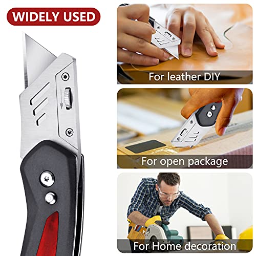 JTIEO Folding Utility Knife Sharp Box Cutters Heavy Duty Razor Knife for Cartons, Cardboard and Boxes Utility Knife- With 10 Pcs SK5 Stainless Steel Blades (Black)