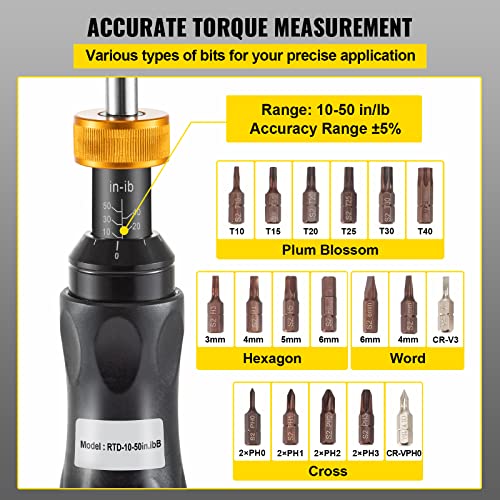 VEVOR Torque Screwdriver, 1/4" Drive Screwdriver Torque Wrench, Torque Screwdriver Electrician 10-50 in/lbs, Torque Range Accurate to ±5%, 5 in-lb Increment Torque Screwdriver with Bits & Case