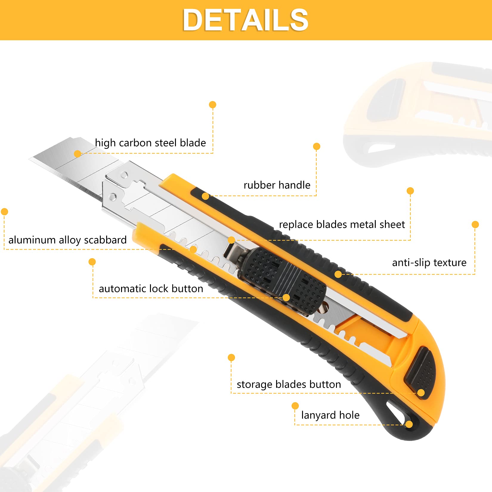 DIYSELF 1 PC Utility Knife, Box Cutter Retractable, Box Cutter for Thick Cardboard, Box Opener for Packages, Gift wrap and Paper, Extra 2 PCS Snap Off Blades Included, 18mm Wider Razor Sharp Blade