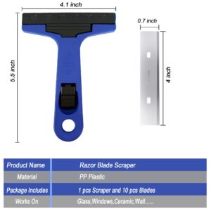 Razor Blade Scraper, 4" Scraper Tool with 10 Extra Replacement Metal Blades, Razor Scraper Remover for Cleaning Paint, Caulk, Adhesive, Label, Decal, Sticker from Window, Glass, Tile, Floor, Stove Top