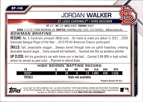 2021 Bowman Prospects #BP-146 Jordan Walker St. Louis Cardinals Baseball NM-MT