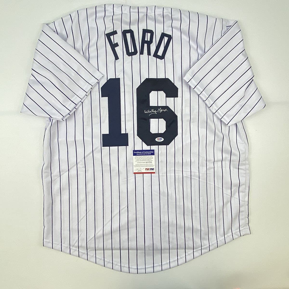 Autographed/Signed Whitey Ford New York Pinstripe Baseball Jersey PSA/DNA COA #3