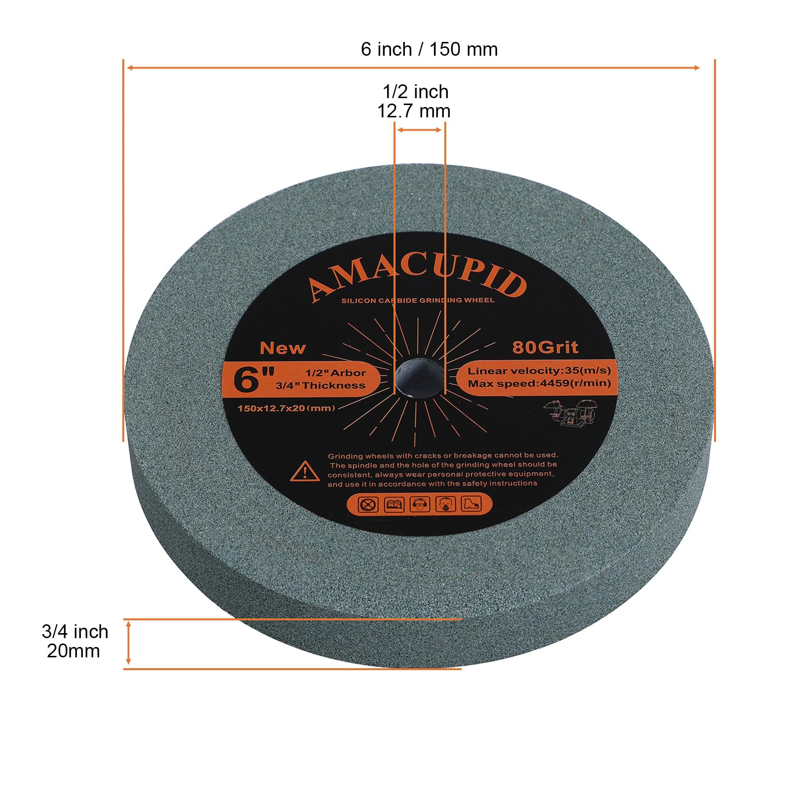 AmaCupid Bench Grinding Wheel 6 inch, for Sharpening Carbide Tools. Green Silicon Carbide Abrasive. 1/2 Inch Arbor, 3/4 inch Thickness,80 Grit