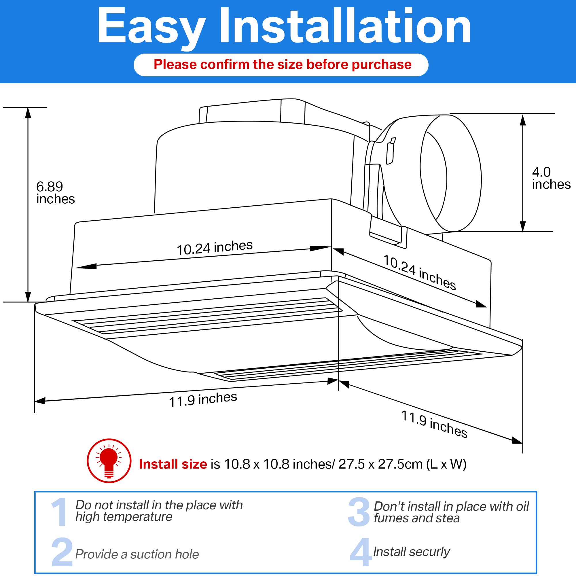 Fiada Bathroom Exhaust Fan Ultra Quiet 1.0 Sones, Bathroom Ceiling Vent Fan with LED Lights, 110 CFM Bath Ventilation Fan Vent for Home Household Bath Office Hotel 105 sq. ft.(Stable Light)