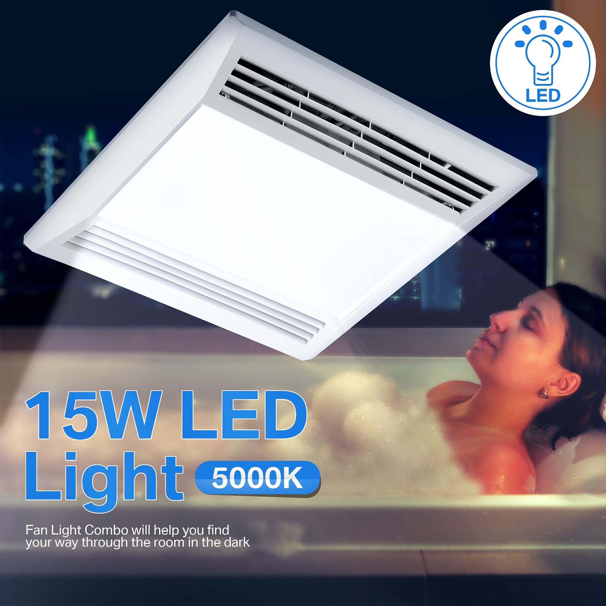 Fiada Bathroom Exhaust Fan Ultra Quiet 1.0 Sones, Bathroom Ceiling Vent Fan with LED Lights, 110 CFM Bath Ventilation Fan Vent for Home Household Bath Office Hotel 105 sq. ft.(Stable Light)