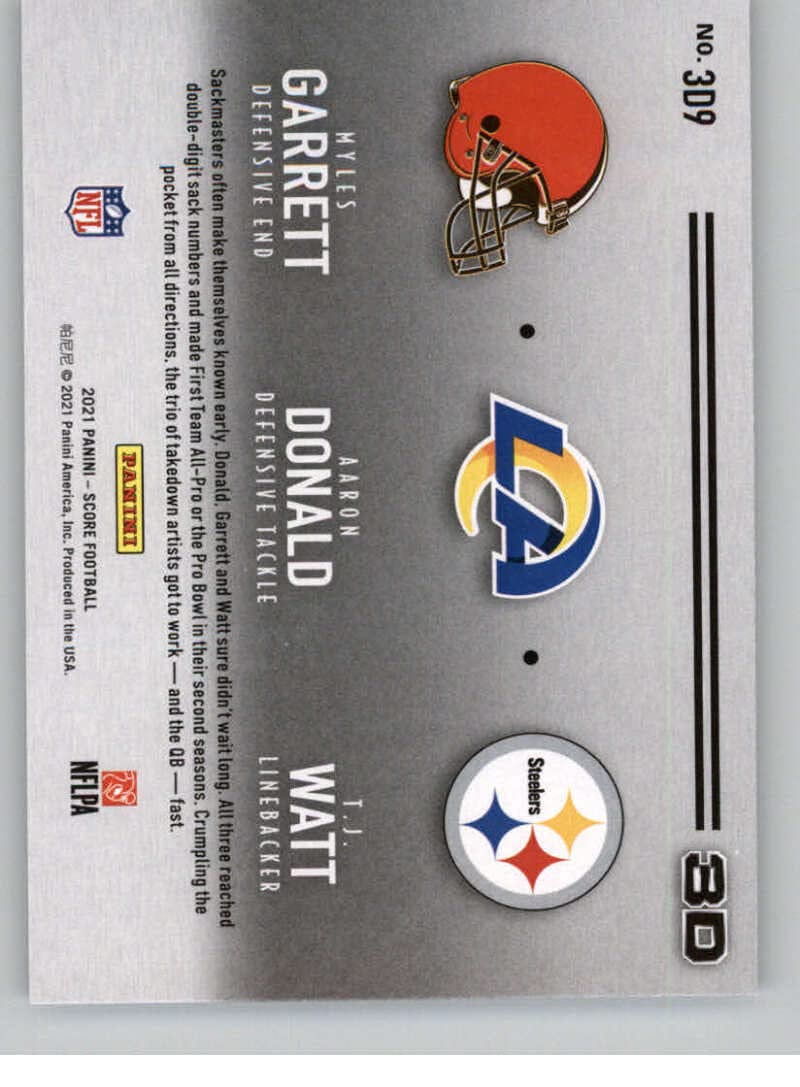 2021 Score 3D #9 Aaron Donald/Myles Garrett/T.J. Watt Los Angeles Rams/Cleveland Browns/Pittsburgh Steelers Official NFL Football Trading Card in Raw (NM or Better) Condition