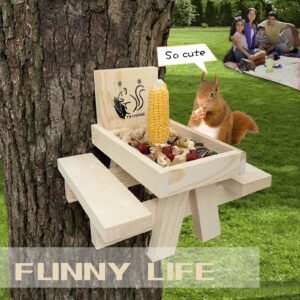 Squirrel Feeder for Outside and Garden, Funny Squirrel Picnic Table Feeder with Corn Cobs Holder and Peanut Tray, Squirrel Gifts for Squirrel and Chipmunk Lovers, Easy to Install