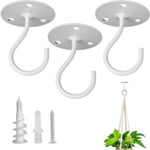 ceiling hooks for hanging plants - metal heavy duty wall mounted hangers for hanging bird feeders, planters, wind chimes, include professional drywall anchors (3-pack (white)