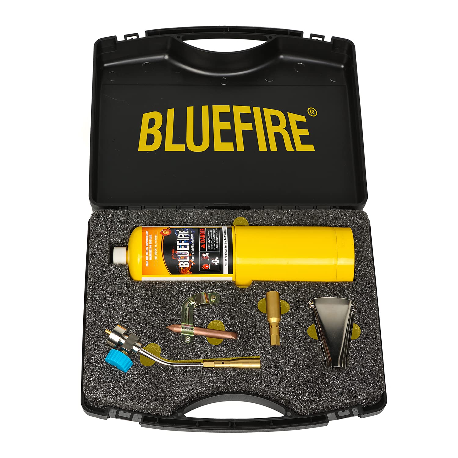 BLUEFIRE Solid Brass Pencil Flame Gas Welding Torch Head Nozzle Professional Upgrade Kit with MAPP All-Purpose Bundle with hard box interchangeable heads Fuel by MAP Pro Propane CGA 600 Cylinder