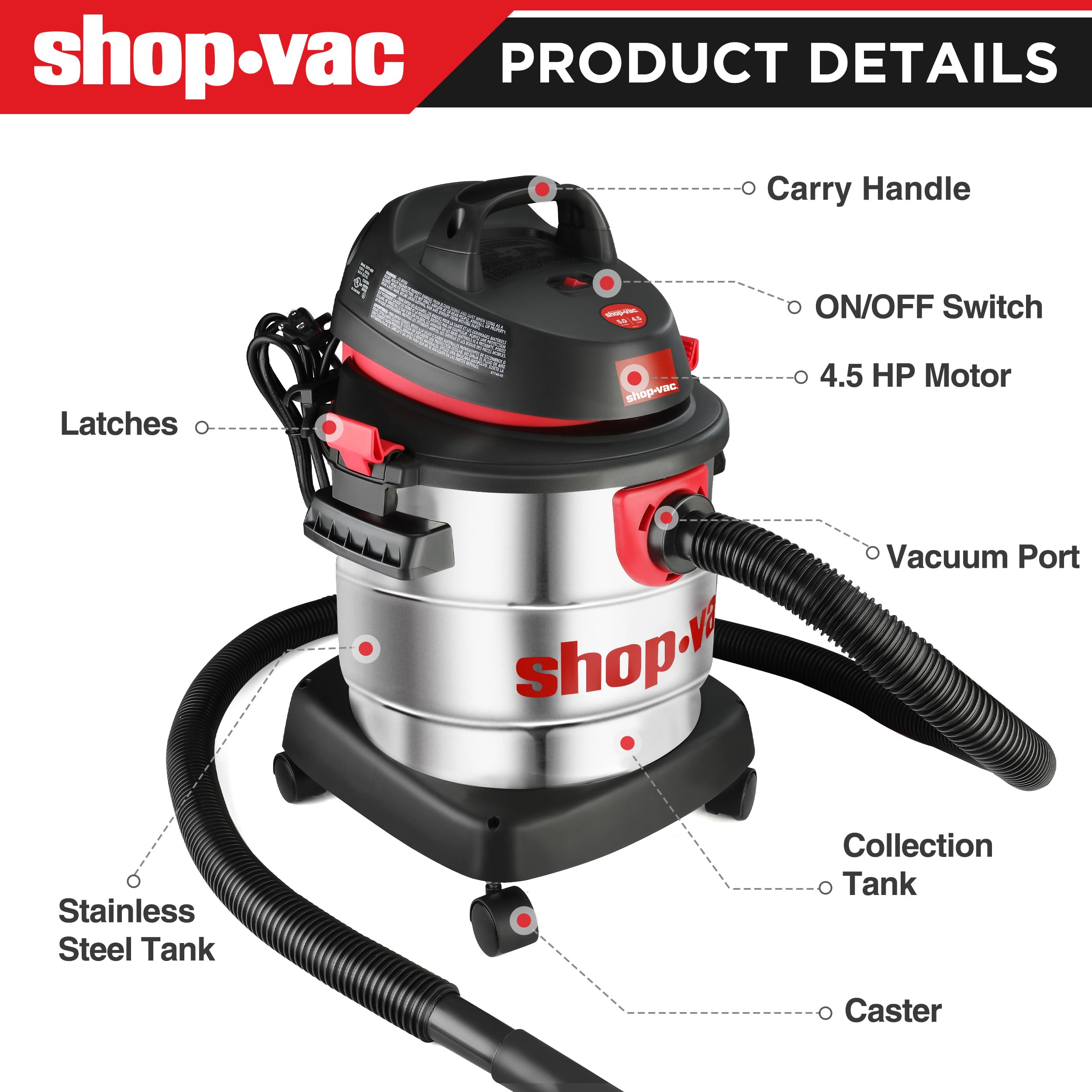 Shop-Vac 5 Gallon 4.5 Peak HP Wet/Dry Vacuum, Stainless Steel Tank, Portable Shop Vacuum with Attachments for Jobsite, Garage & Workshop. 5989300