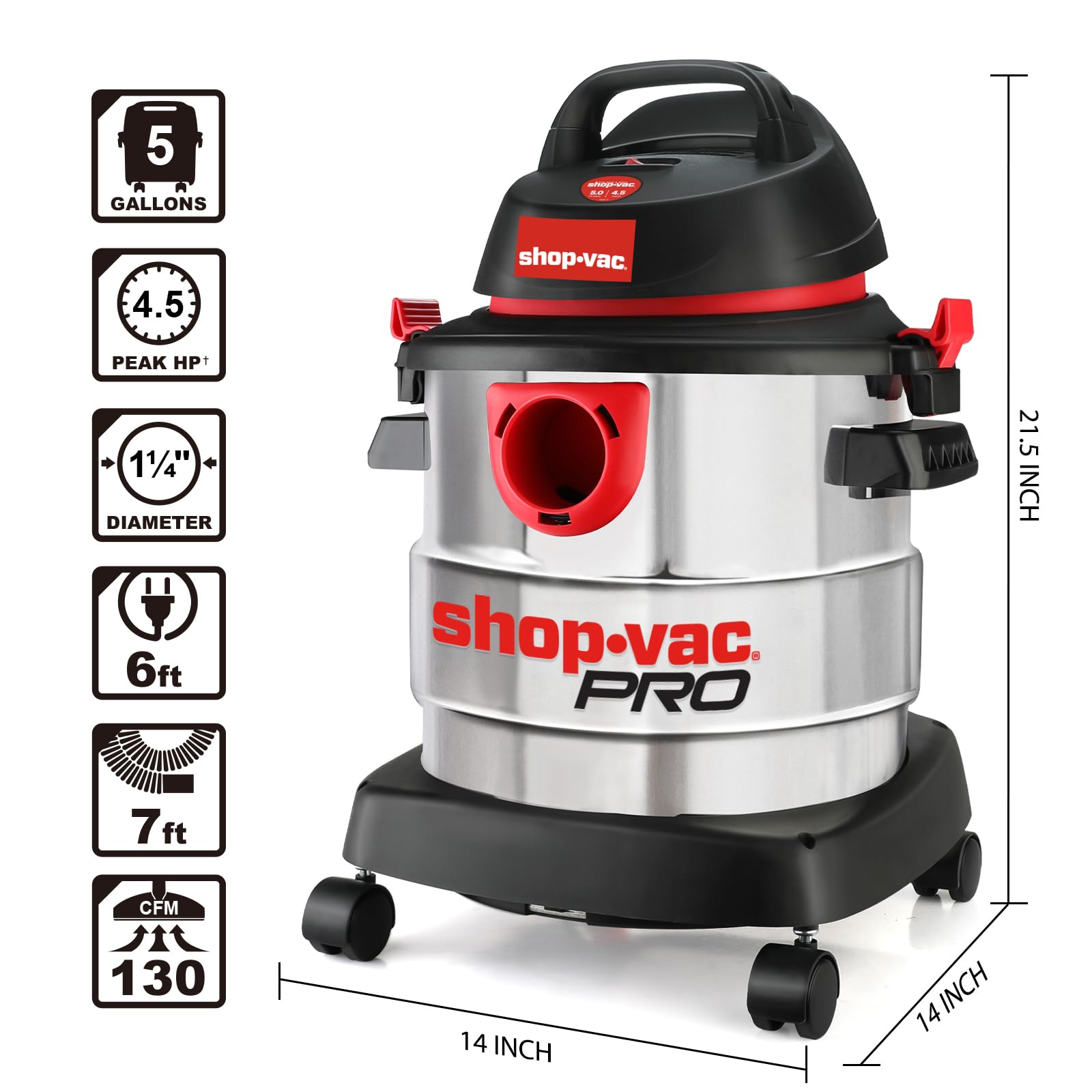 Shop-Vac 5 Gallon 4.5 Peak HP Wet/Dry Vacuum, Stainless Steel Tank, Portable Shop Vacuum with Attachments for Jobsite, Garage & Workshop. 5989300