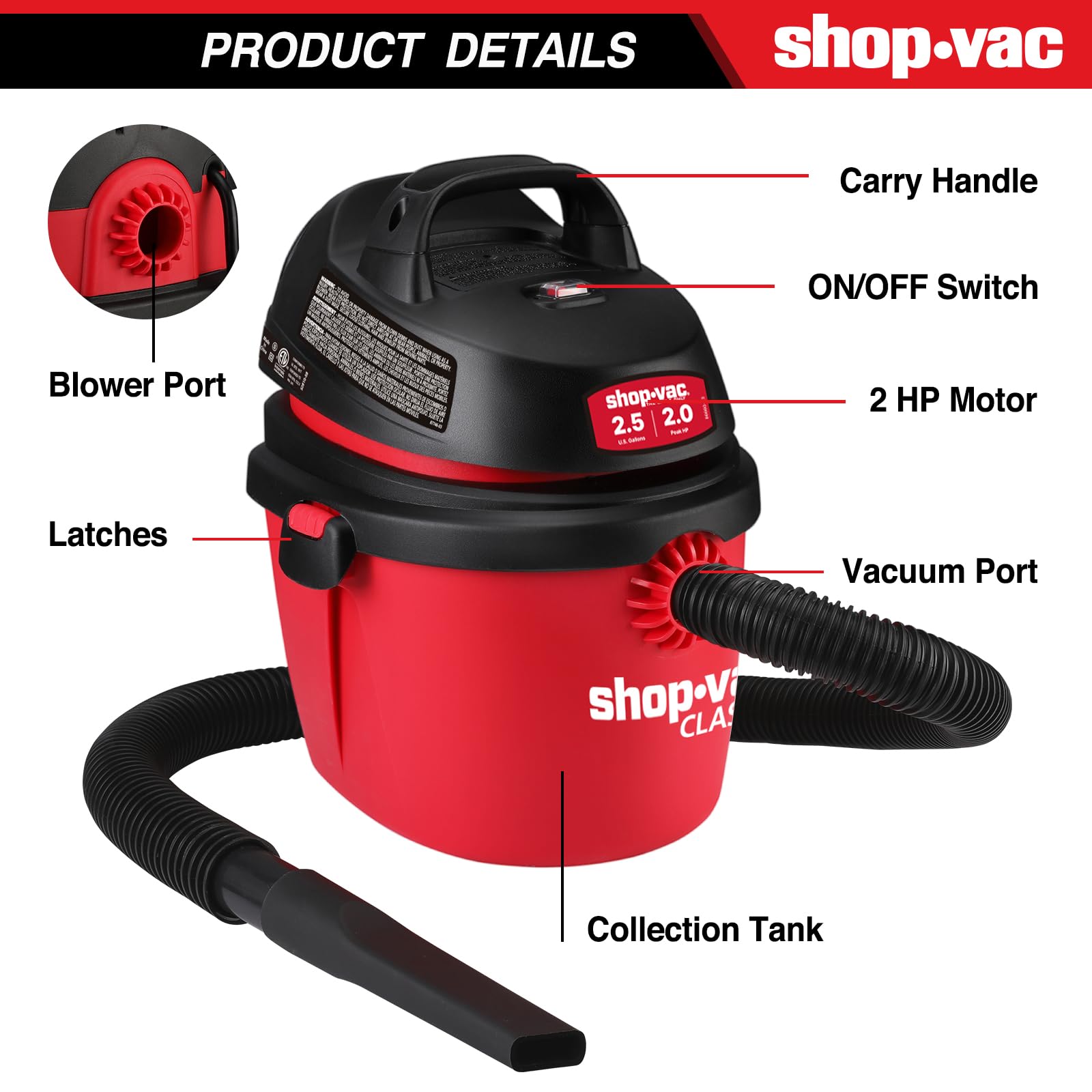 Shop-Vac 2.5 Gallon 2.0 Peak HP Wet/Dry Vacuum, Portable Compact Shop Vacuum with Top Handle, Wall Bracket & Attachments