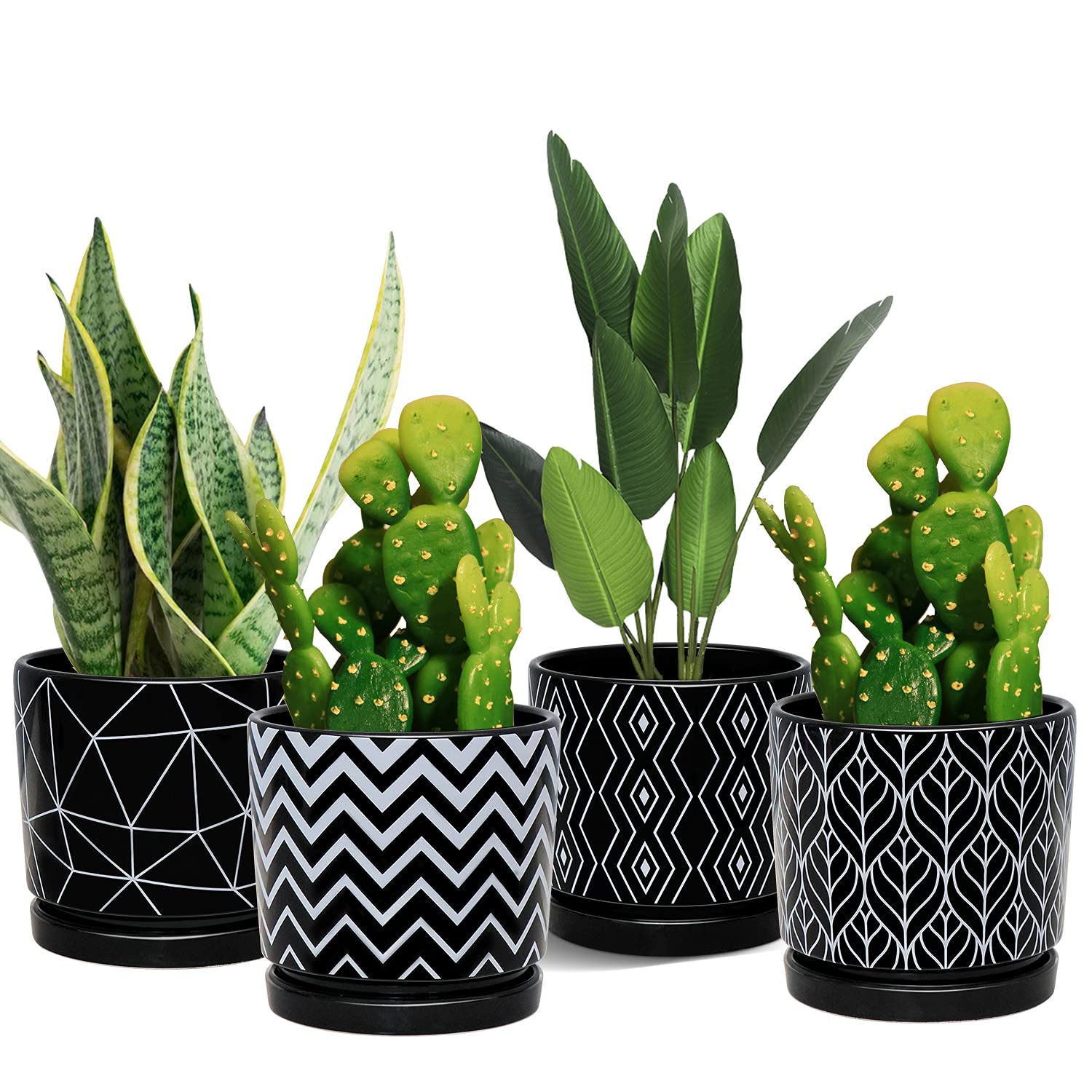 Ton Sin Flower Pots,5.5 Inch Black Ceramic Planter with Drainage Hole,Indoor Cylinder Plant Pots with Saucer,Cactus Succulent Outdoor Garden Pots Set of 4