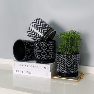 Ton Sin Flower Pots,5.5 Inch Black Ceramic Planter with Drainage Hole,Indoor Cylinder Plant Pots with Saucer,Cactus Succulent Outdoor Garden Pots Set of 4