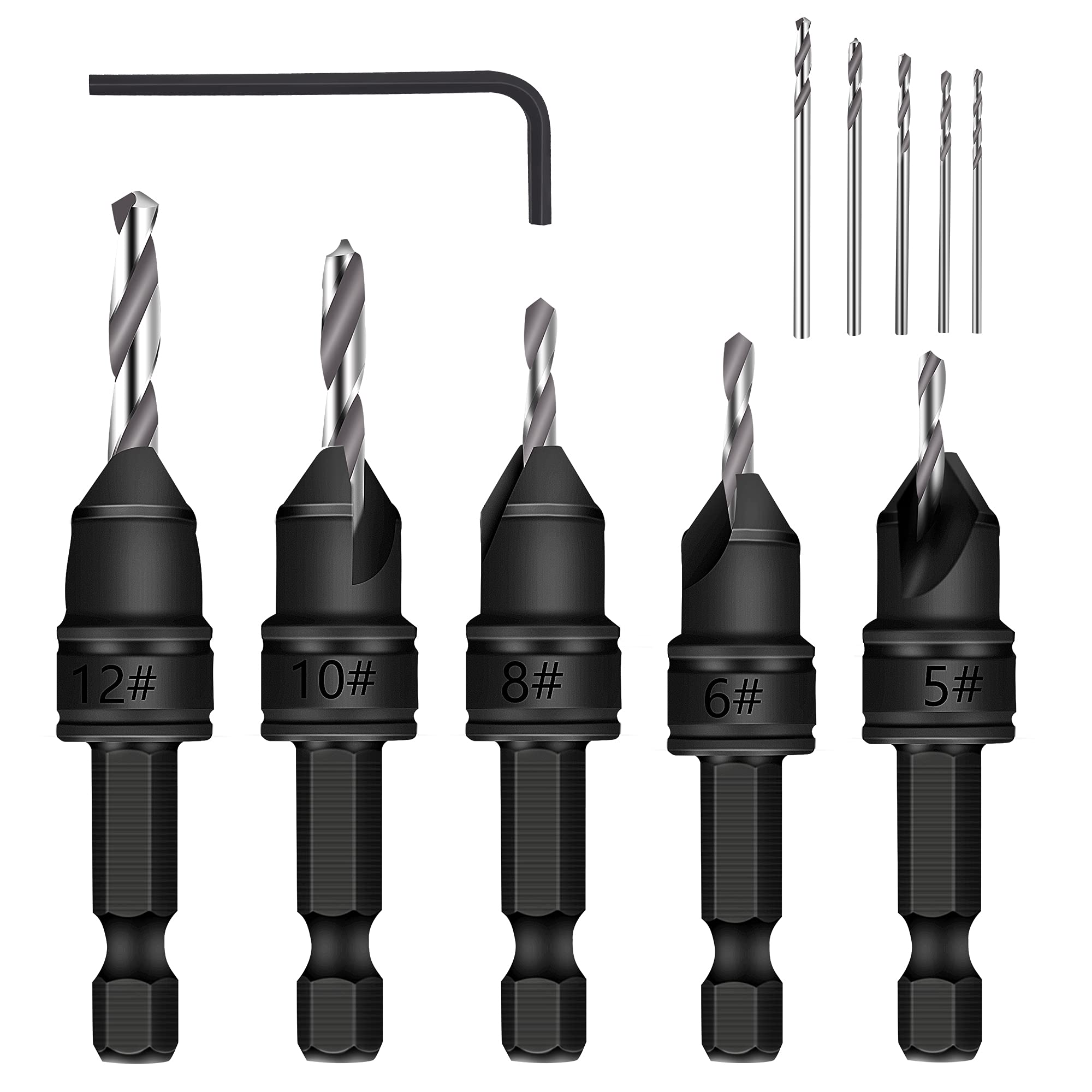 MulWark 82° Countersink Drill Bit Set incl. 5pcs Free Replaceable HSS Drill Bits for Wood｜3/8" Quick-Change -Chamfered Adjustable Drilling Tool Kit on Pilot Counter Sink Holes for Woodworking- 5 Pack