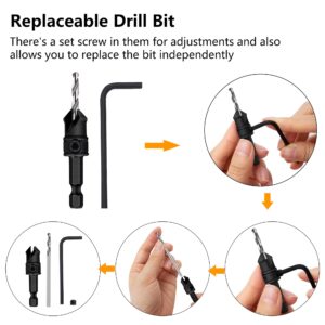 MulWark 82° Countersink Drill Bit Set incl. 5pcs Free Replaceable HSS Drill Bits for Wood｜3/8" Quick-Change -Chamfered Adjustable Drilling Tool Kit on Pilot Counter Sink Holes for Woodworking- 5 Pack