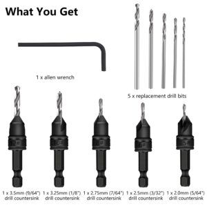 MulWark 82° Countersink Drill Bit Set incl. 5pcs Free Replaceable HSS Drill Bits for Wood｜3/8" Quick-Change -Chamfered Adjustable Drilling Tool Kit on Pilot Counter Sink Holes for Woodworking- 5 Pack