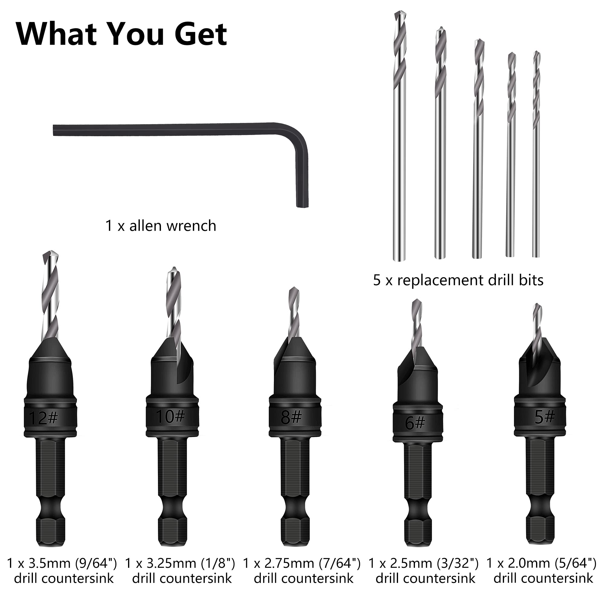 MulWark 82° Countersink Drill Bit Set incl. 5pcs Free Replaceable HSS Drill Bits for Wood｜3/8" Quick-Change -Chamfered Adjustable Drilling Tool Kit on Pilot Counter Sink Holes for Woodworking- 5 Pack