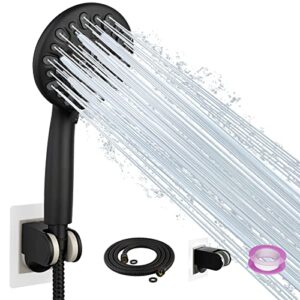 7-spray shower heads with handheld, high pressure hand shower head 5’’ matte black face, 79-inch stainless steel hose, adhesive shower head holder, 7 functions powerful shower spray head set