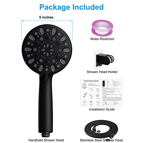 7-Spray Shower Heads with Handheld, High Pressure Hand Shower Head 5’’ Matte Black Face, 79-inch Stainless Steel Hose, Adhesive Shower Head Holder, 7 Functions Powerful Shower Spray Head Set