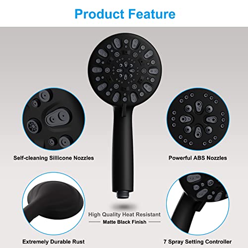 7-Spray Shower Heads with Handheld, High Pressure Hand Shower Head 5’’ Matte Black Face, 79-inch Stainless Steel Hose, Adhesive Shower Head Holder, 7 Functions Powerful Shower Spray Head Set