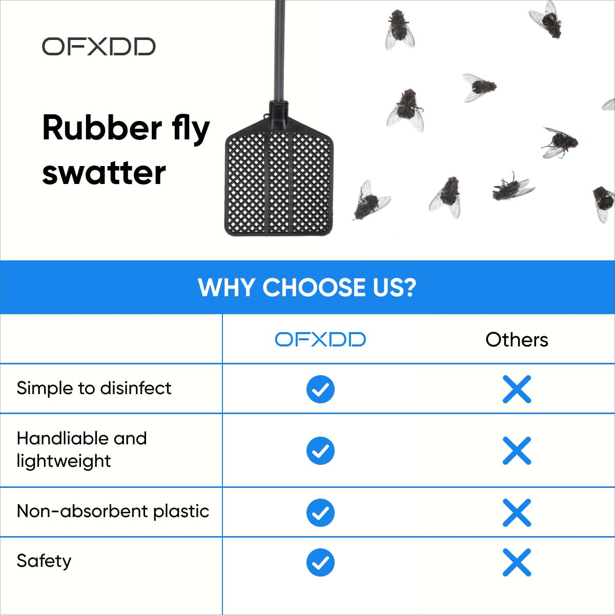 OFXDD Rubber Fly Swatter, Long Fly Swatter Pack, Fly Swatter Heavy Duty, All Black Color (4 Pack)